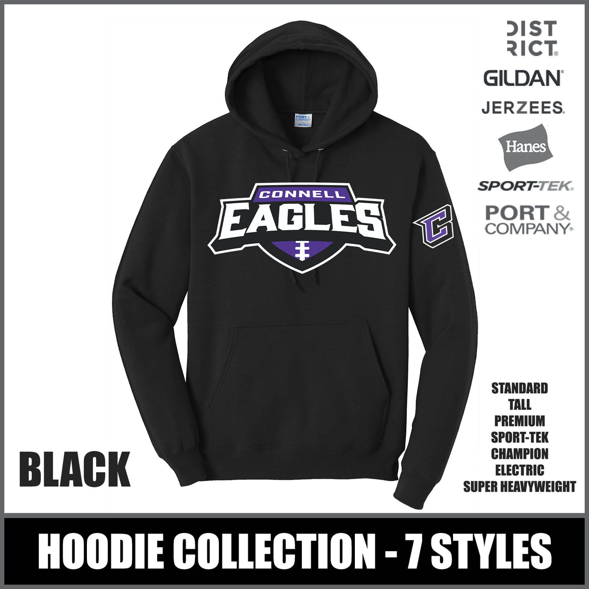 "Lightning" [crest] BLACK Hoodies - Connell Football — shop.ConnellWA.com